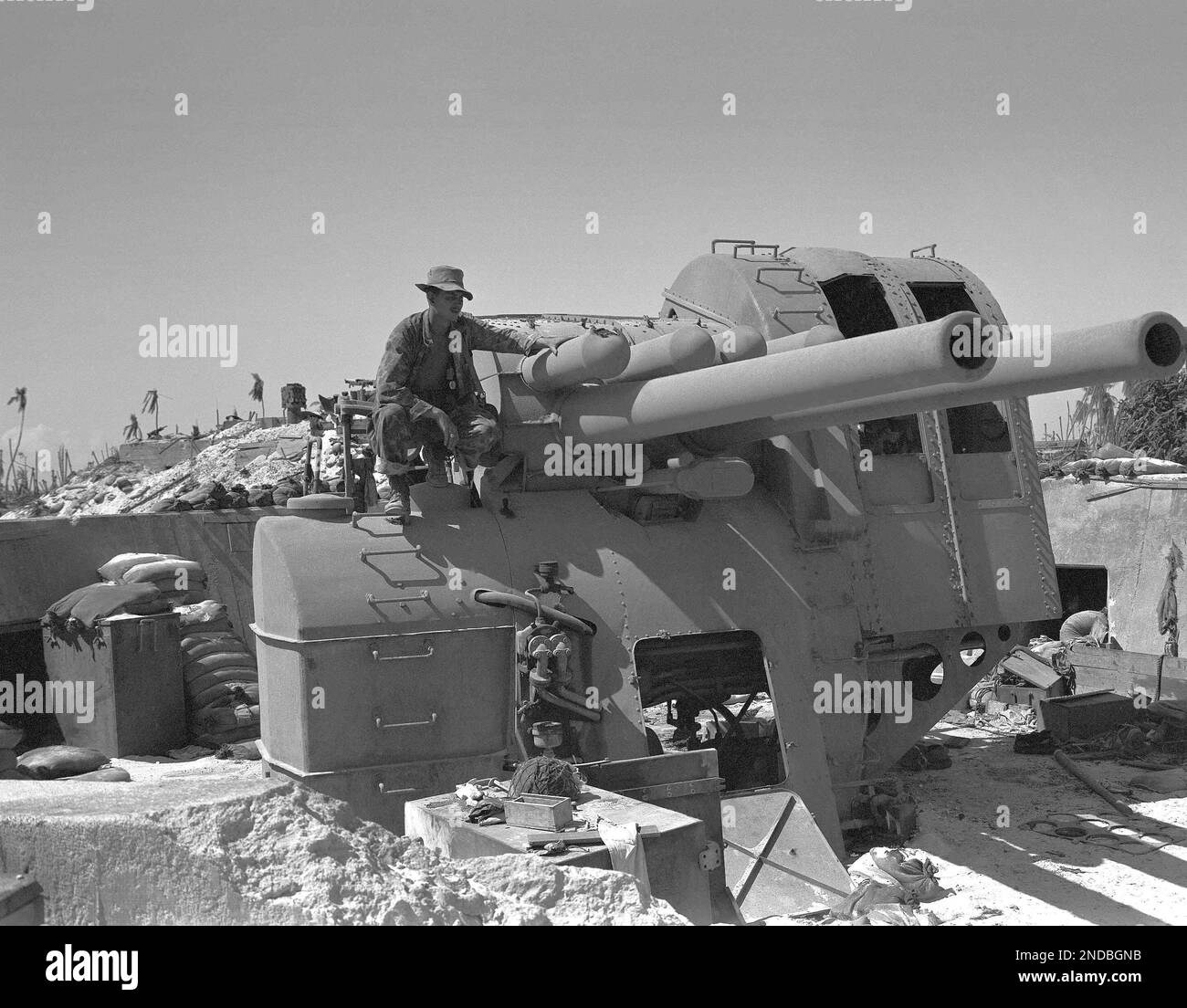 Marine Lt. Earl Wilson, Washington, D.C., looking at Japanese dual ...