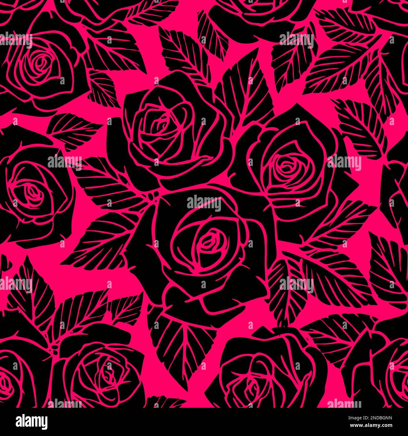 seamless black asymmetric pattern of rose contours on a pink background ...