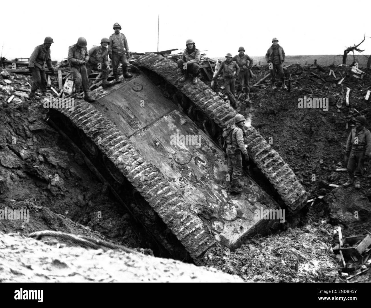 A wrecked German Mark VI tank, which overturned into a bomb crater in ...