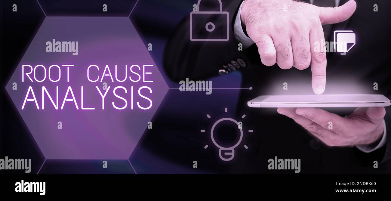 Text sign showing Root Cause Analysis. Word for Method of Problem Solving Identify Fault or ...