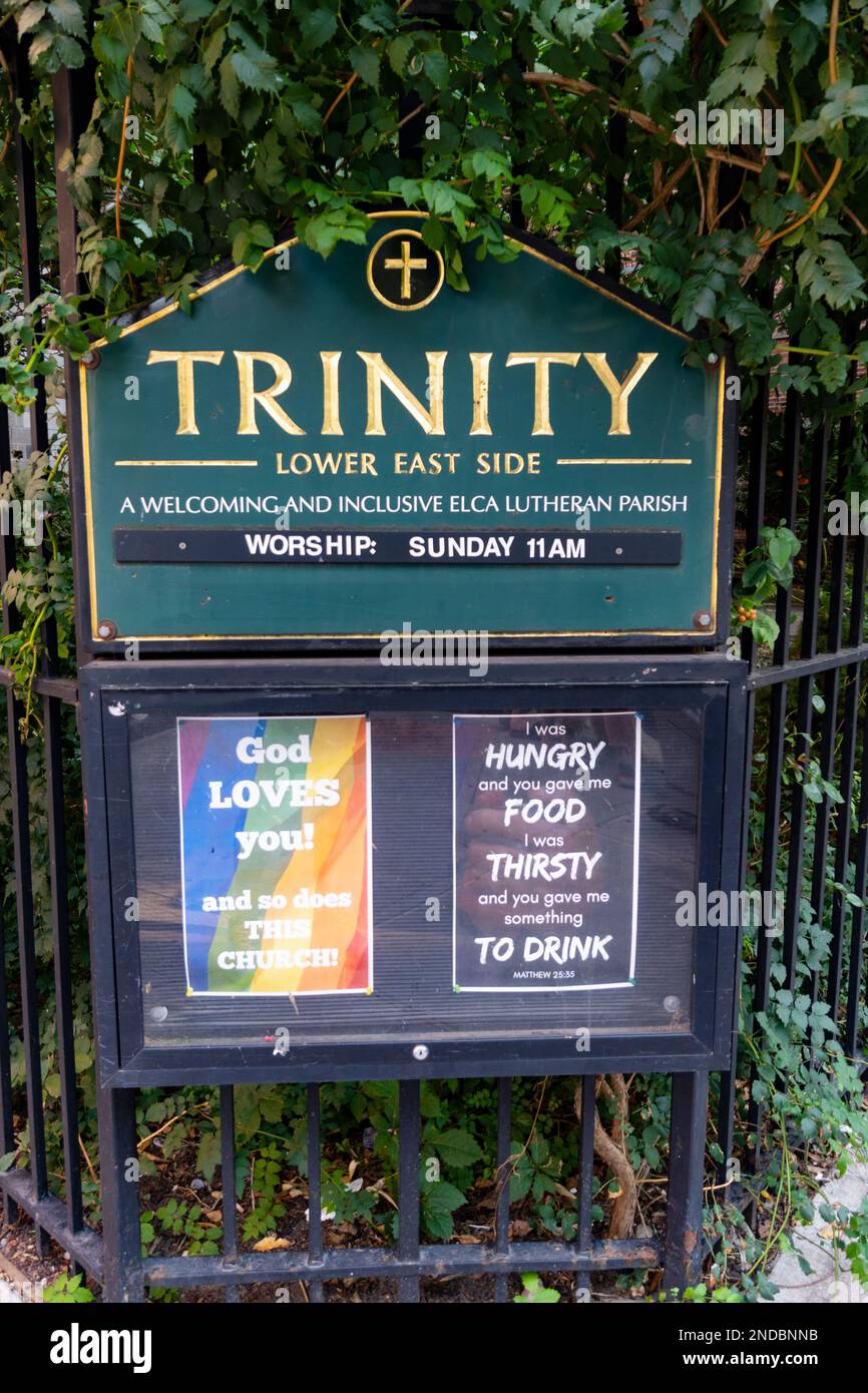 Sign board of the Trinity Lower East Side Lutheran Parish in East ...