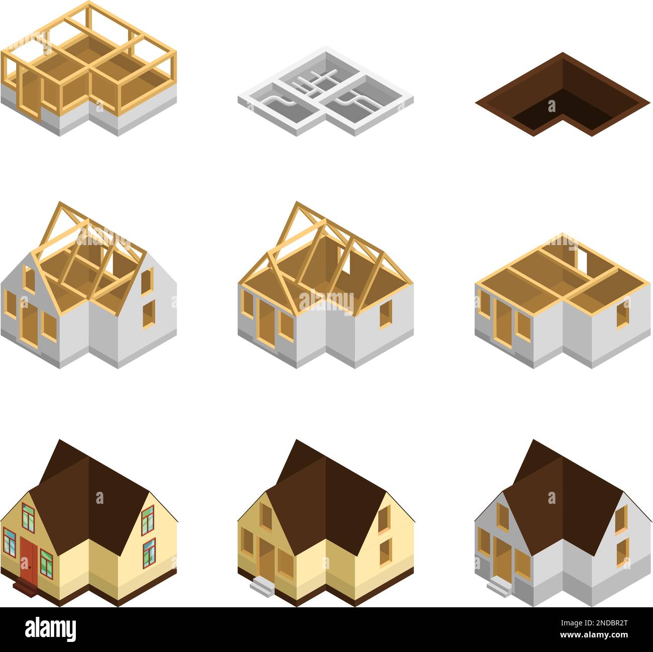 Isometric house construction stages. Urban development process Stock ...