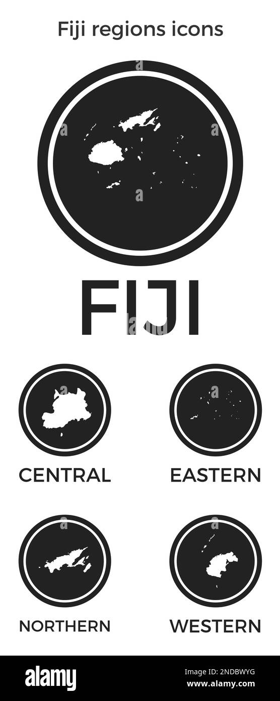 Fiji regions icons. Black round logos with country regions maps and ...