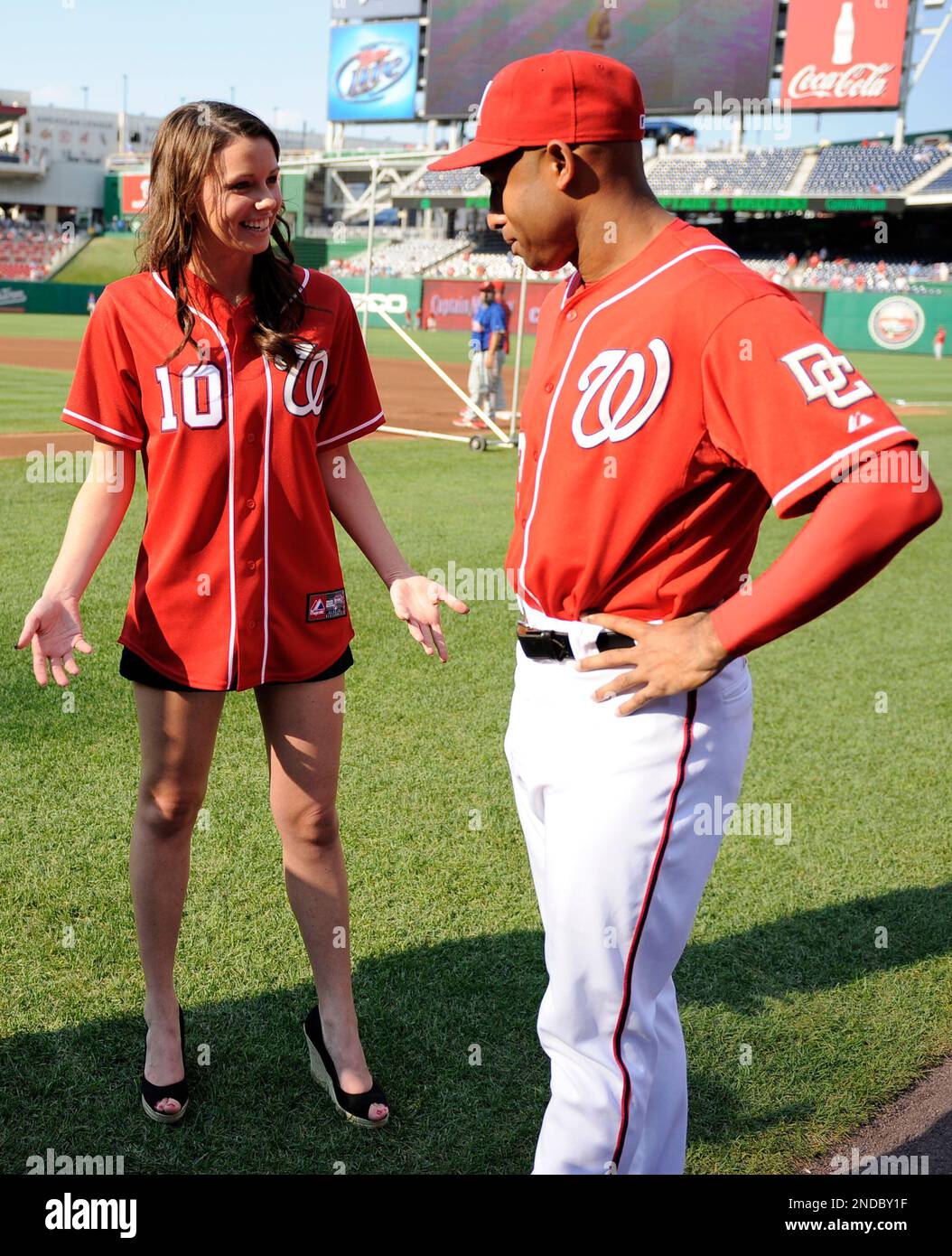 Miss Iowa Katherine Connors, left, meets Washington Nationals relief ...