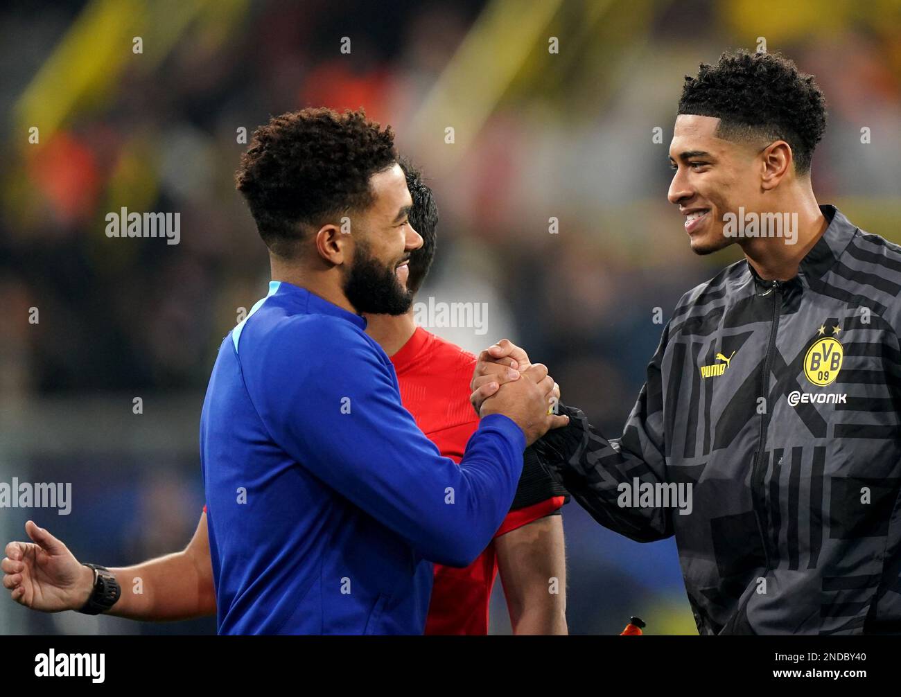 Chelsea's Reece James greets Borussia Dortmund's Jude Bellingham ahead ...