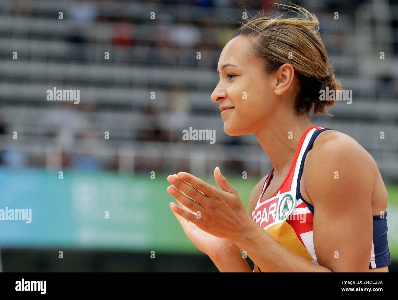 Britain's Jessica Ennis reacts during the Women's High Jump Heptathlon ...