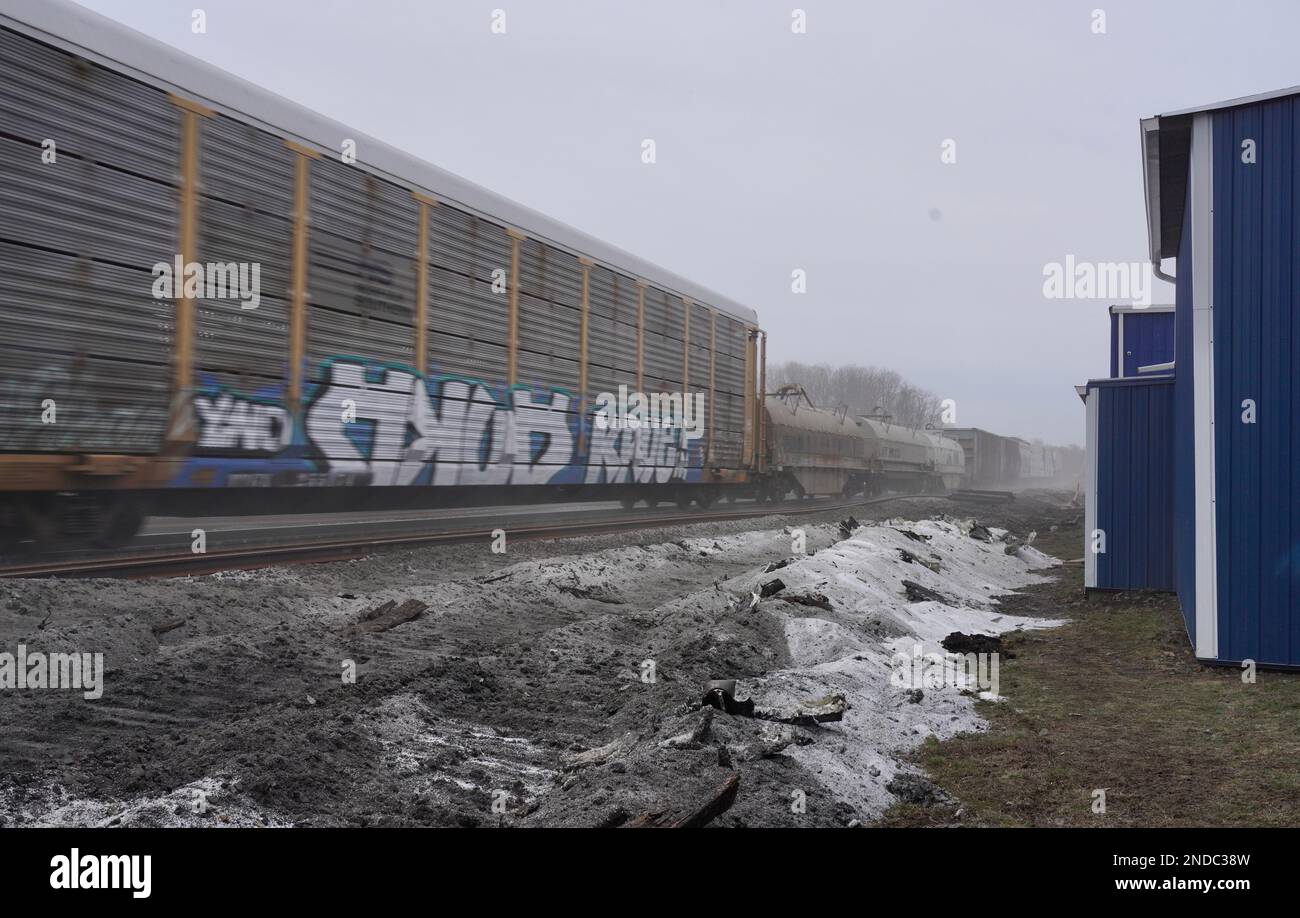 East Palestine, USA. 15th Feb, 2023. A Norfolk Southern freight train ...