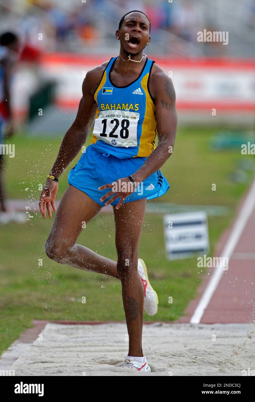 Bahamas' Leevan Sands reacts while competing in the men's triple jump ...