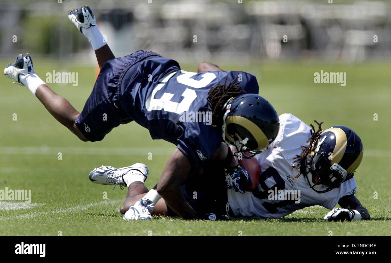 St. Louis Rams wide receiver Mardy Gilyard, right, hauls in a pass as ...