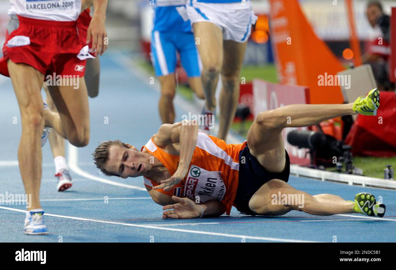 Netherlands' Arnoud Okken falls at the end of a Men's 800m semifinal ...