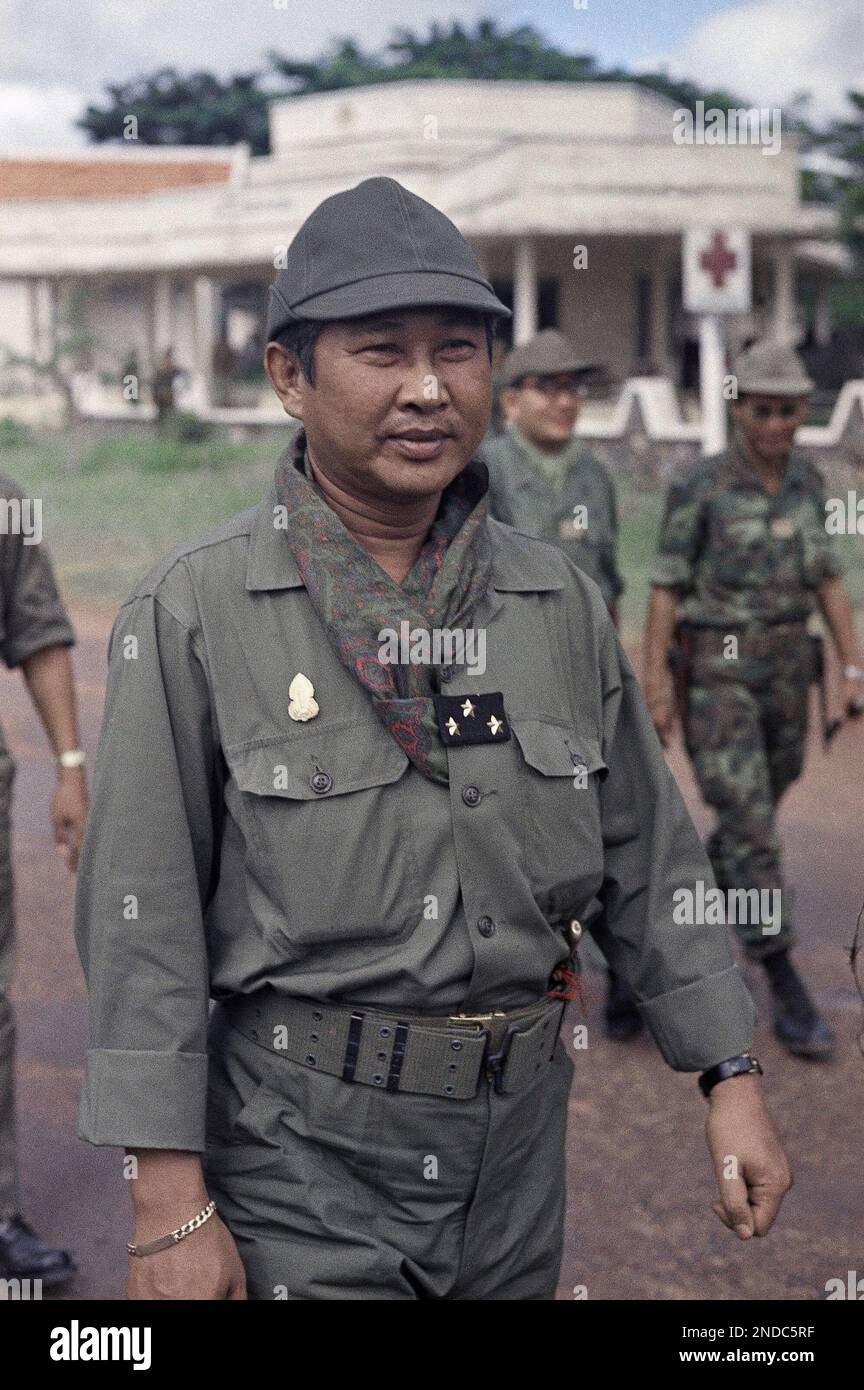 Cambodian Prime Minister Lt. General Lon Nol when he paid a visit to Skuon, 50 miles north of ...