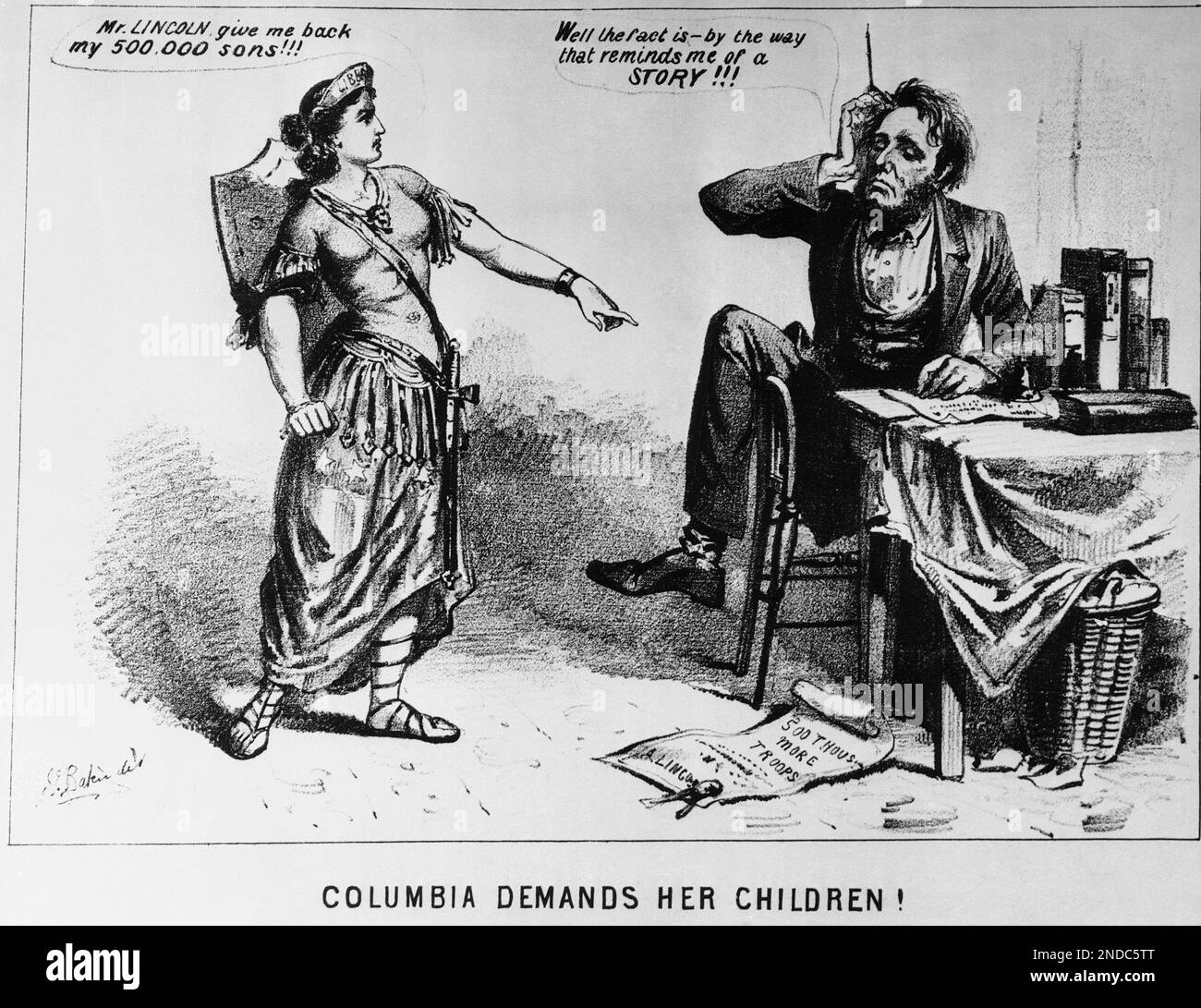 A political cartoon titled "Columbia Demands Her Children," is a ...