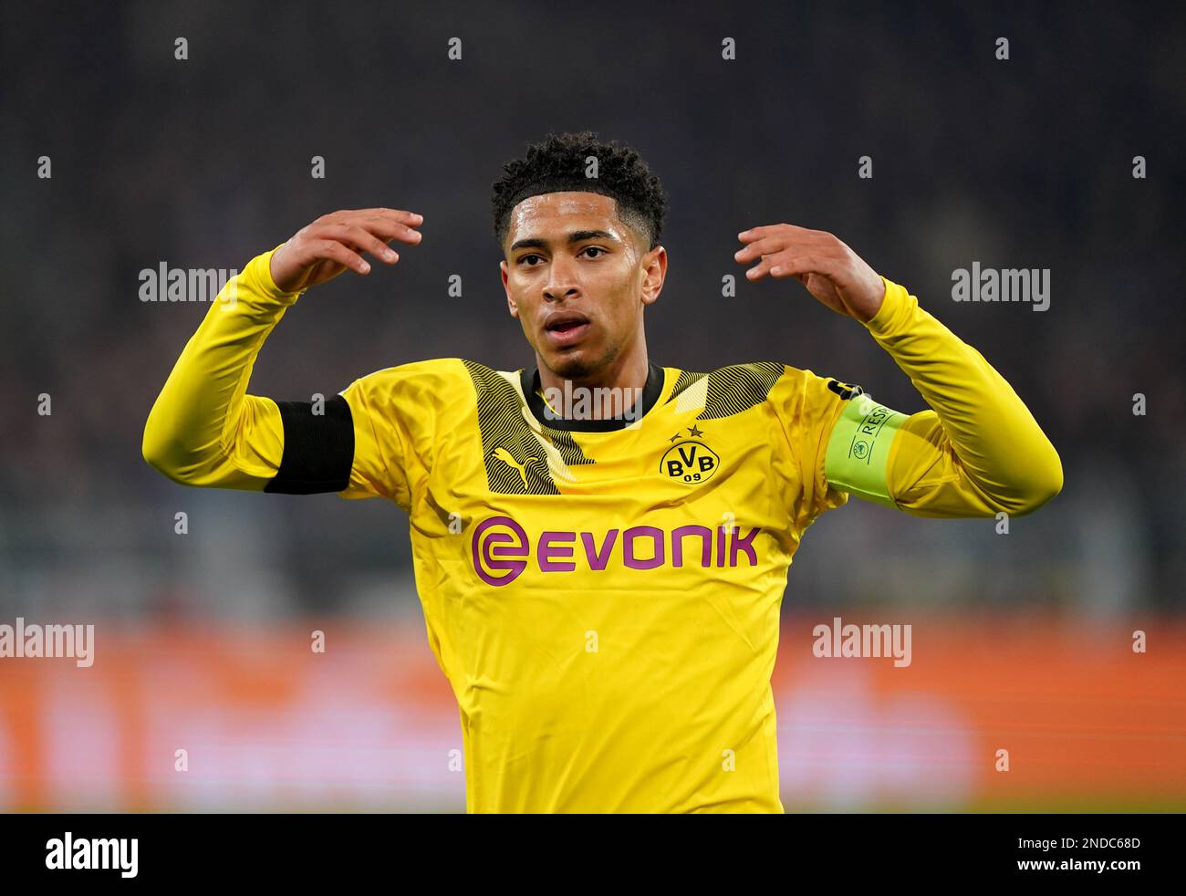 Borussia Dortmund's Jude Bellingham rallies the crowd during the UEFA ...