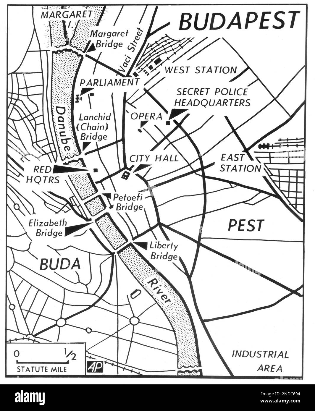Close-up map locates strategic buildings and places in the twin cities ...