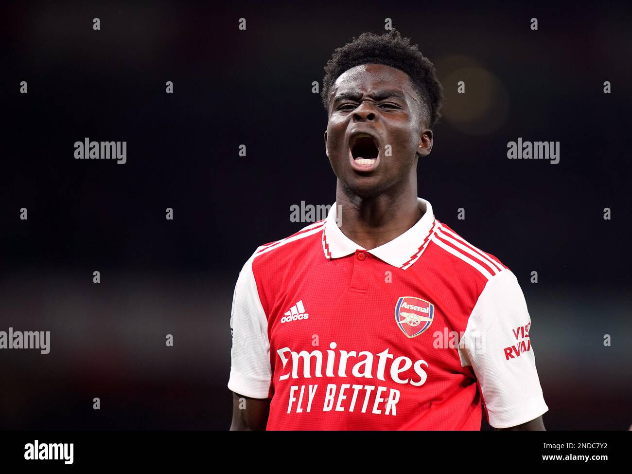 Arsenal's Bukayo Saka celebrates scoring their side's first goal of the ...