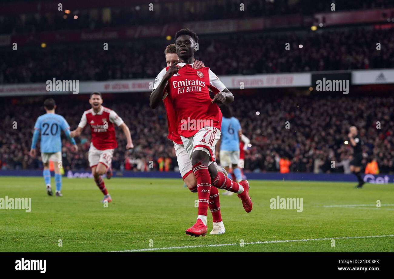 Arsenal's Bukayo Saka celebrates scoring their side's first goal of the ...