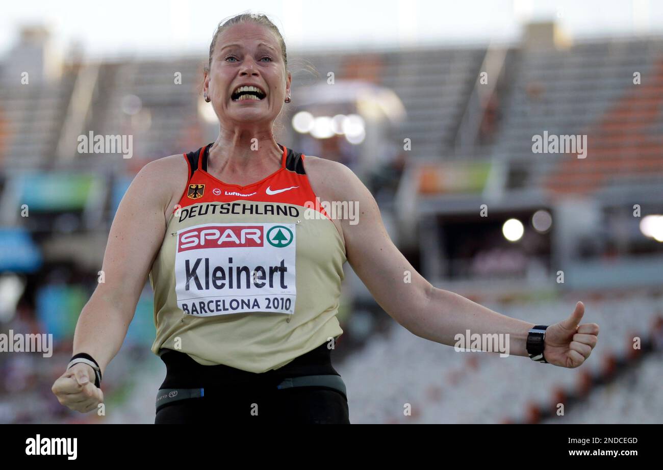 Germany's Nadine Kleinert reacts during the Women's Shot Put final at ...