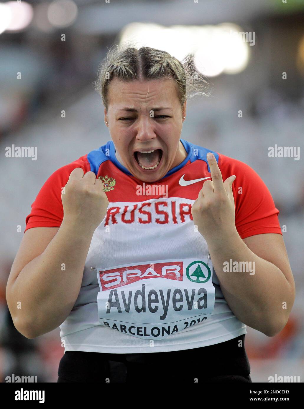 Russia's Anna Avdeeva competes in the Women's Shot Put final during the ...