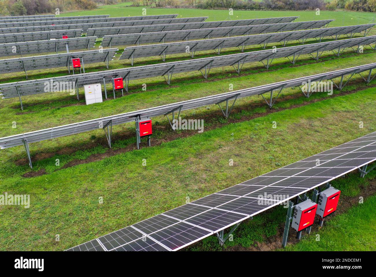 Rear view of renewable solar power plant. Aerial view of converting ...