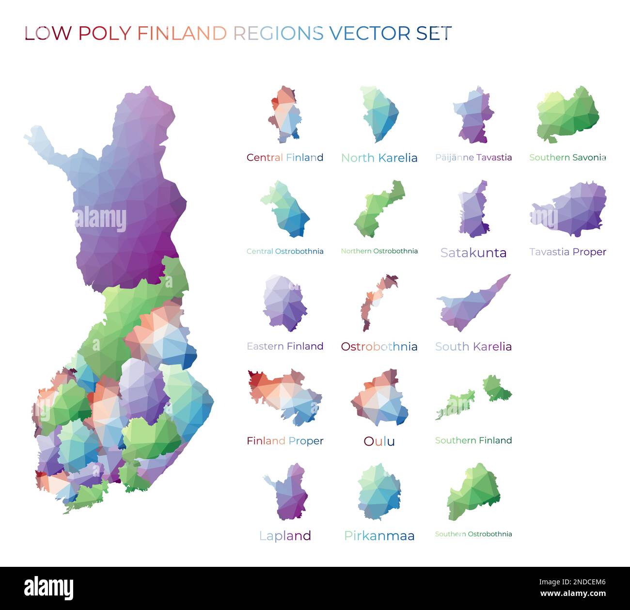 Finnish low poly regions. Polygonal map of Finland with regions ...