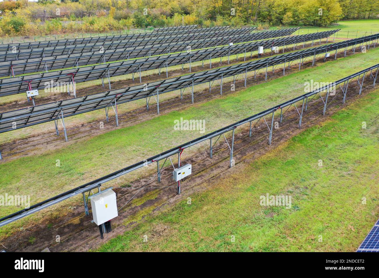 Rear view of renewable solar power plant. Aerial view of converting ...
