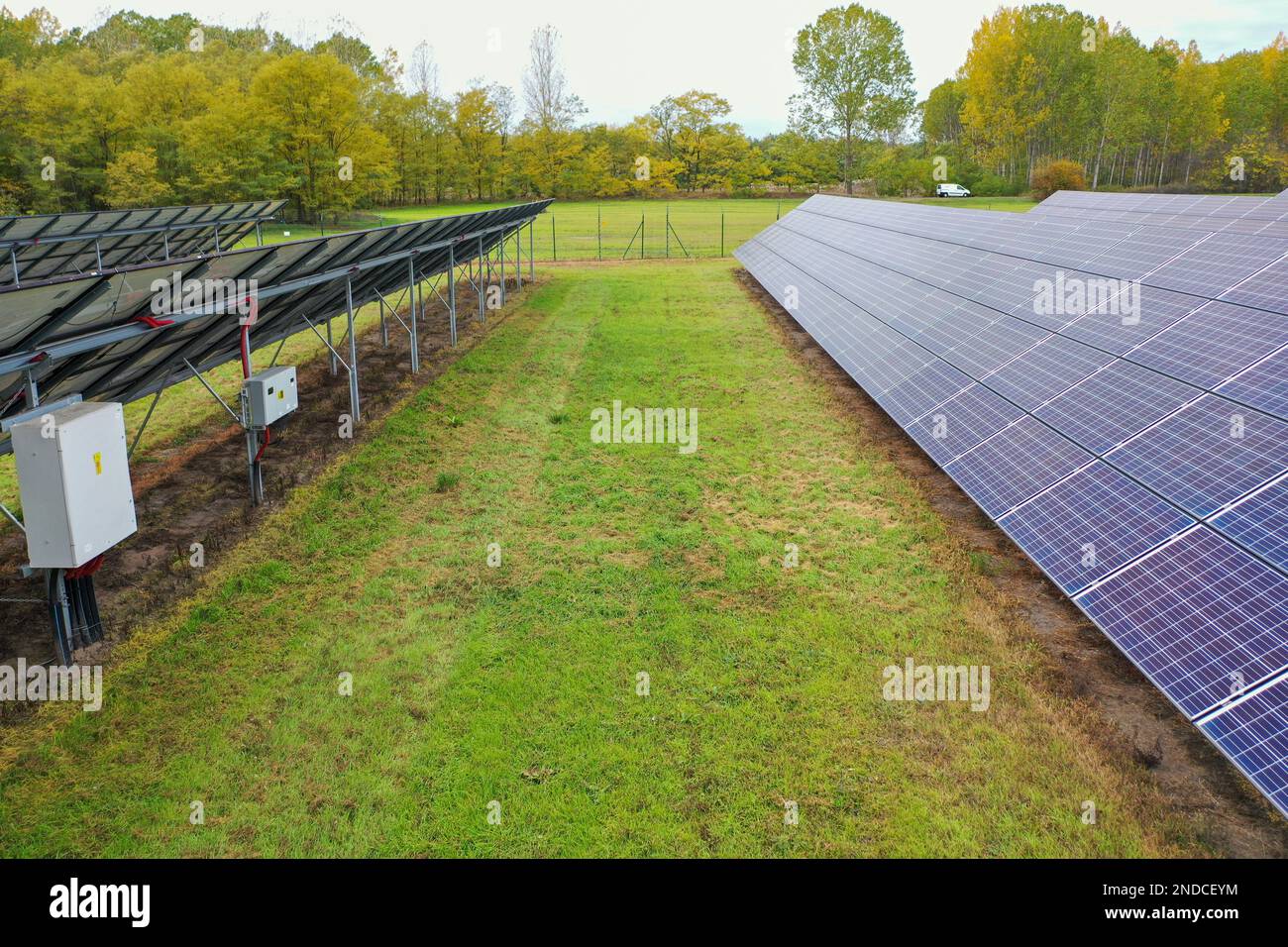 Rear view of renewable solar power plant. Aerial view of converting ...