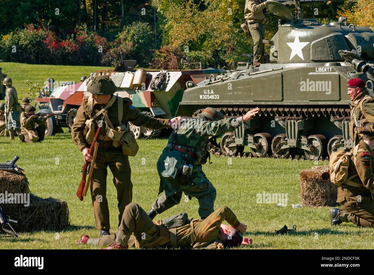 Hand to hand combat on the WWII battlefield during a reenactment at the ...
