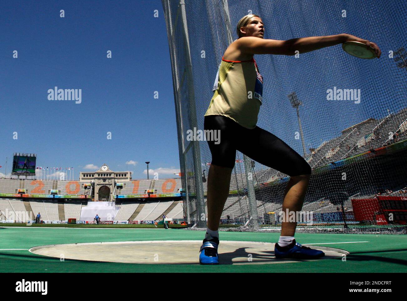 Germany's Nadine Muller competes in the Women's Discus qualification ...