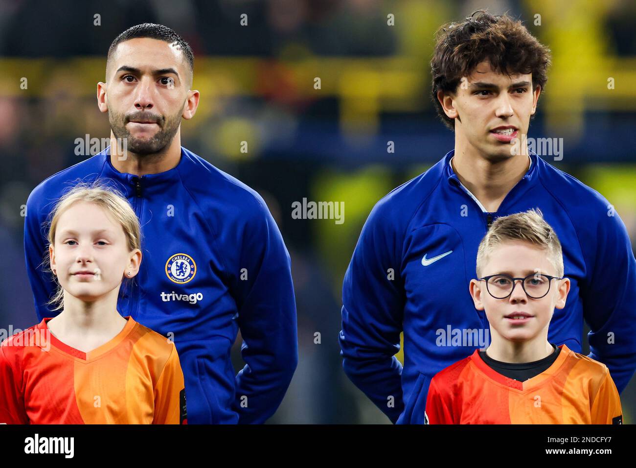 DORTMUND, GERMANY - FEBRUARY 15: Hakim Ziyech of Chelsea, Joao Felix of ...