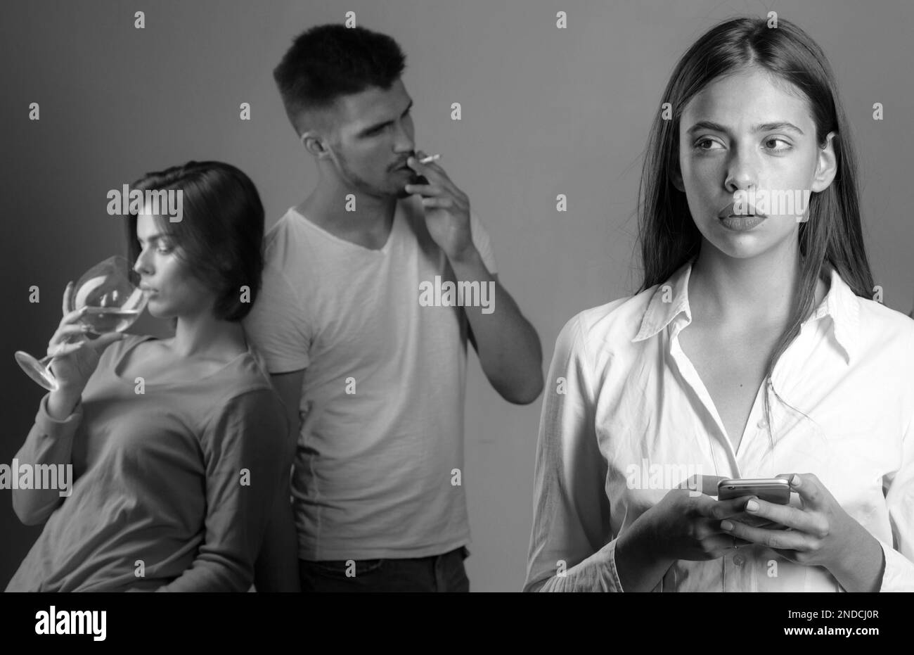 Make a right choice. Beautiful girl thinking about different addictions ...