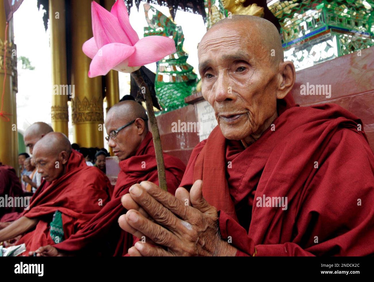 Myanmar Buddhist monks pray and offer flowers at the world's famous ...