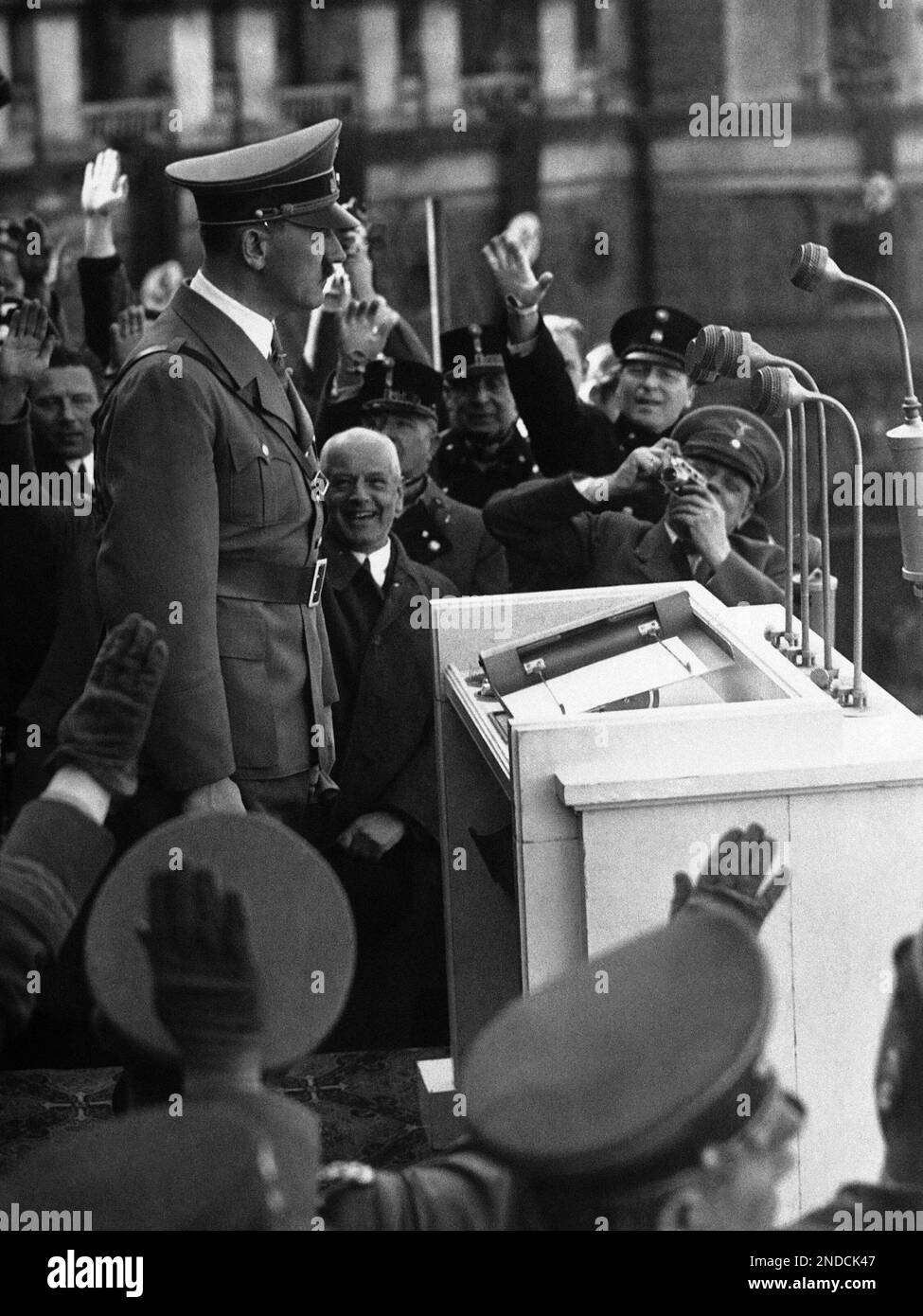 A close up view of German Chancellor Adolf Hitler making his address to ...
