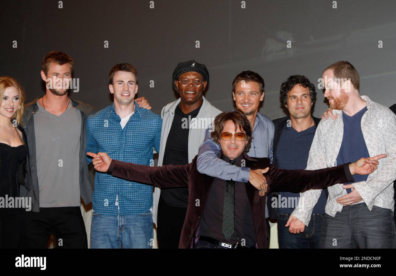 Cast members of the movie "The First Avenger" pose for a photo during a ...