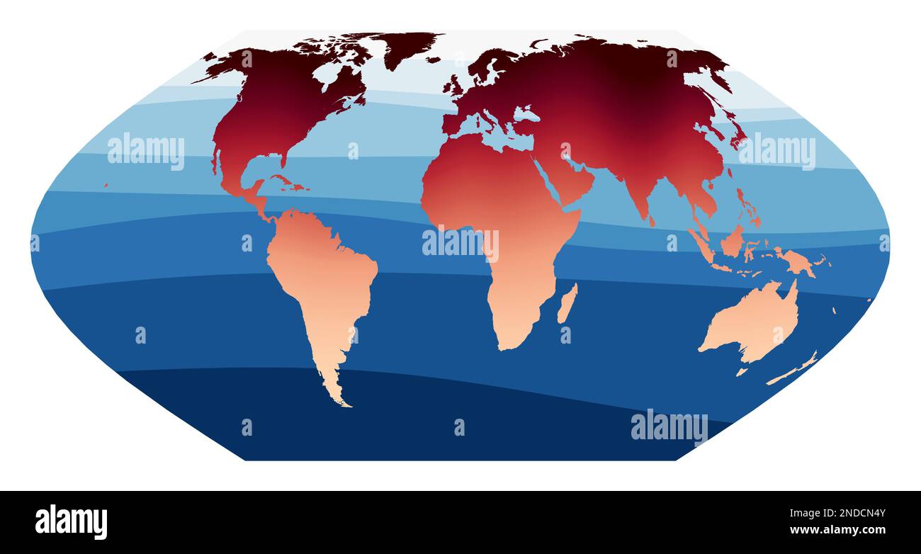 World Map Vector Eckert Vi Projection World In Red Orange Gradient On Deep Blue Ocean Waves