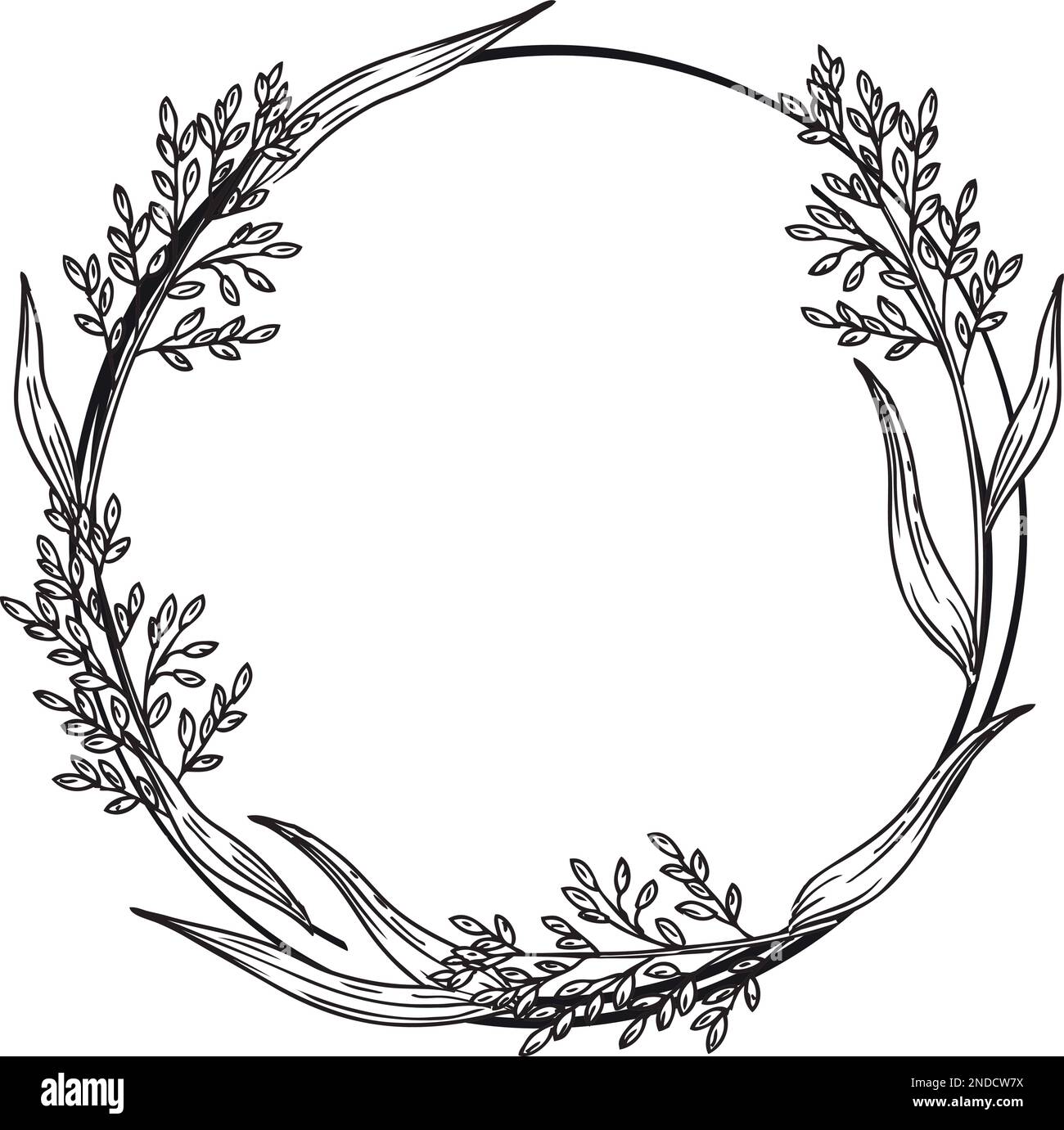 Retro round border with floral branch. Hand drawn botany Stock Vector ...