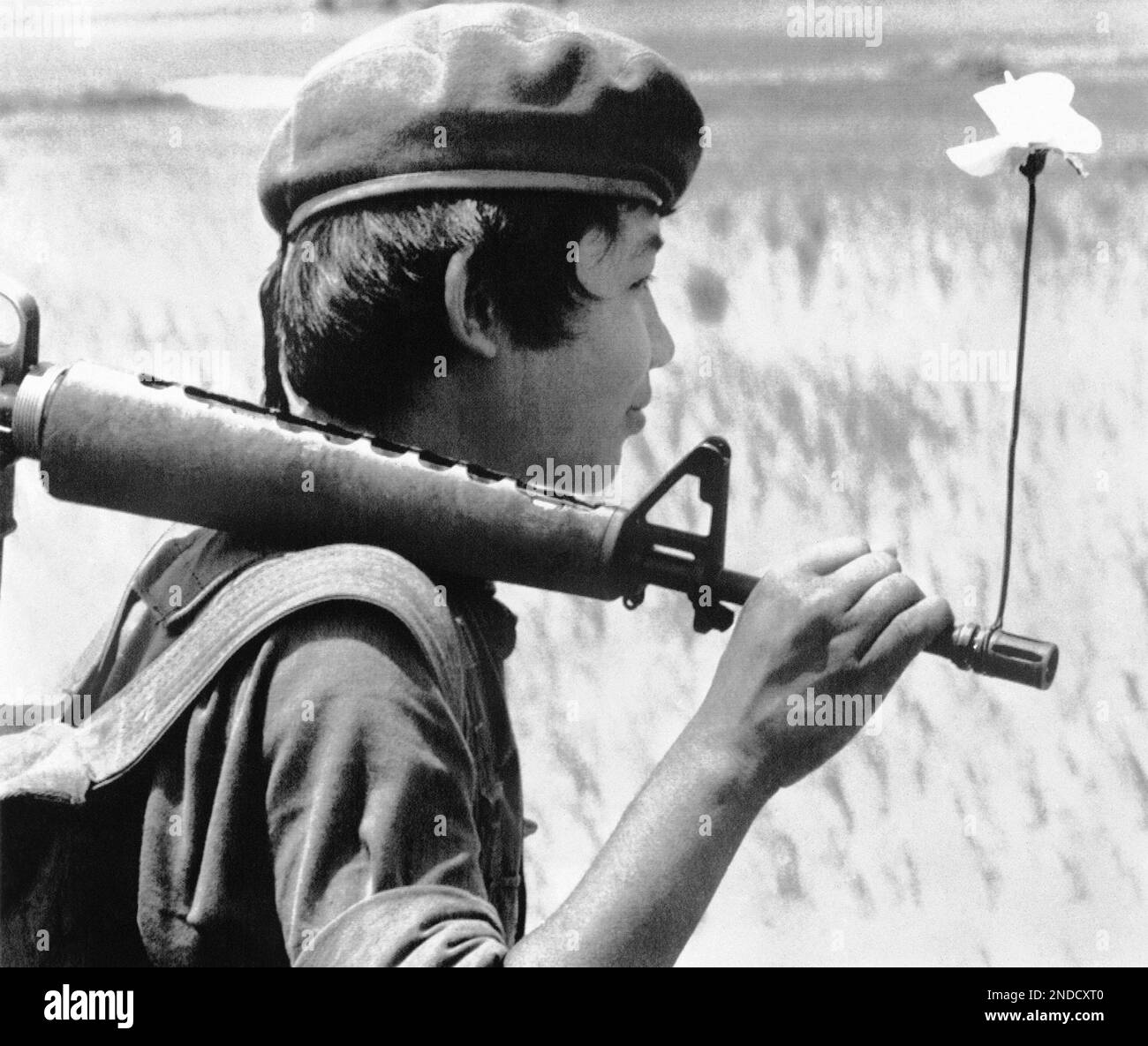 A young Cambodian soldier decorated his M16 weapon with a plastic ...