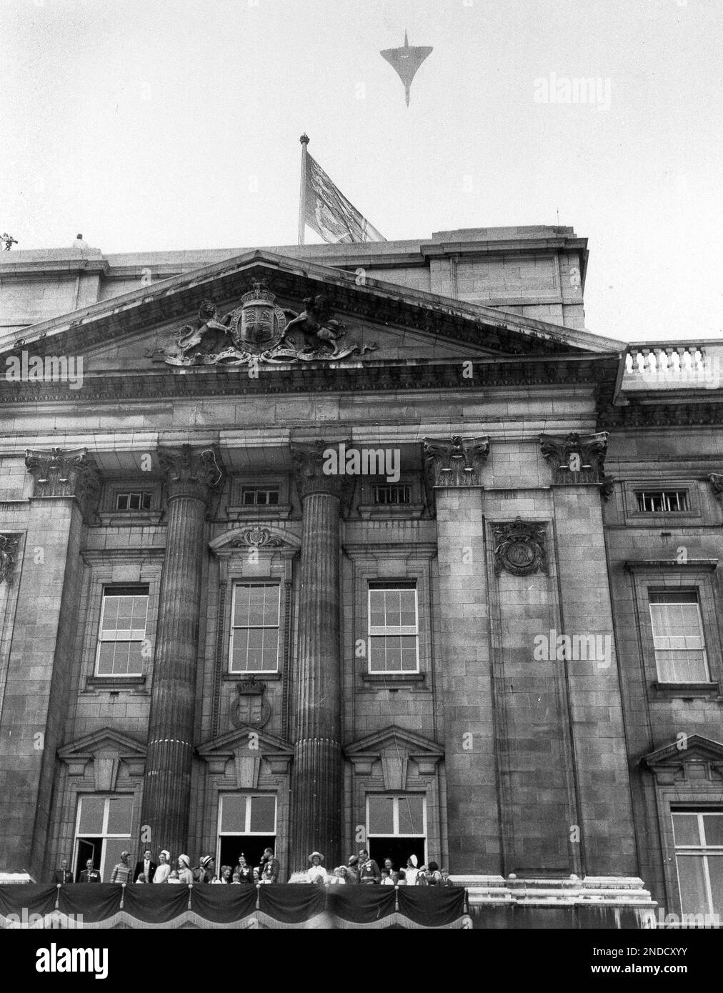 The British-built Concorde 002, passes over Buckingham Palace in London ...