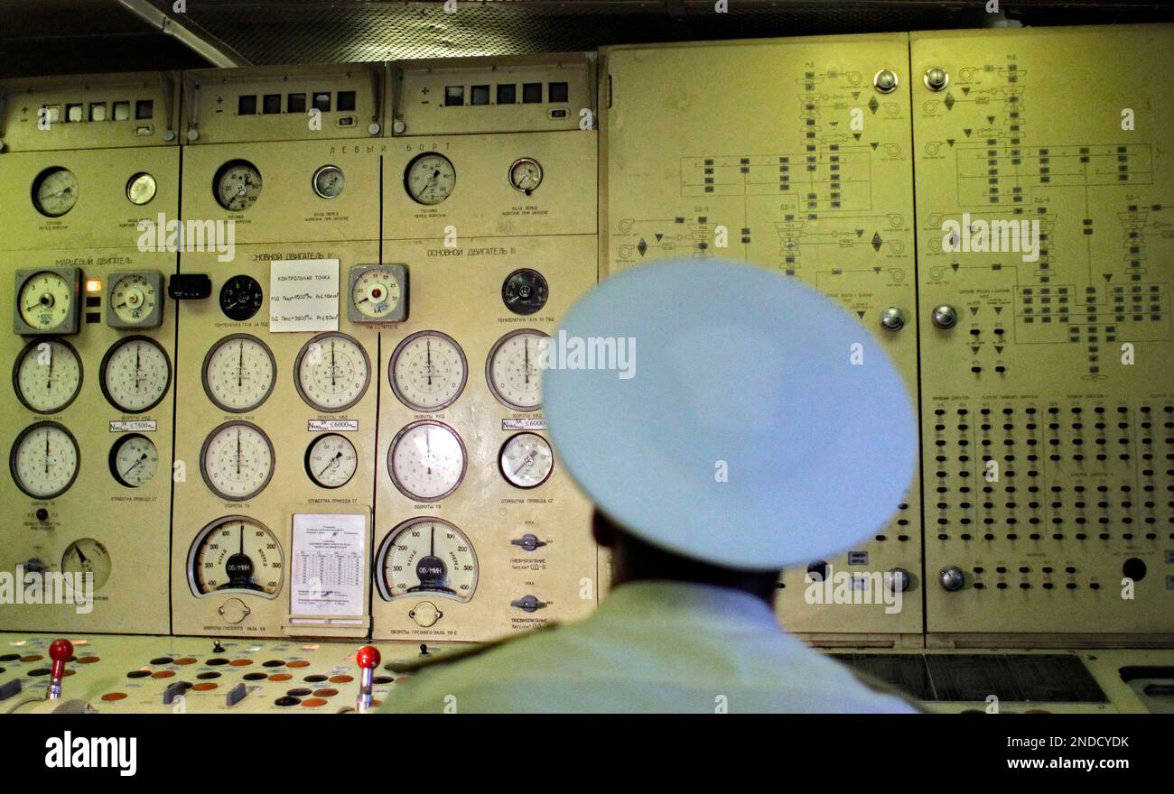 Russian Navy officer seen in the command room inside the Kara class ...