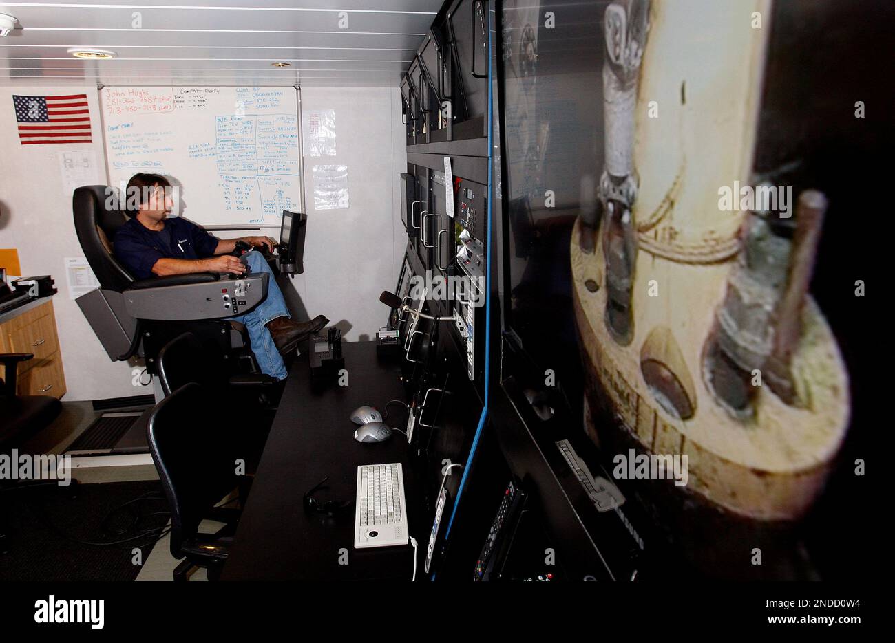Oceaneering supervisor Tim Weiss, left, demonstrates controls for a ...