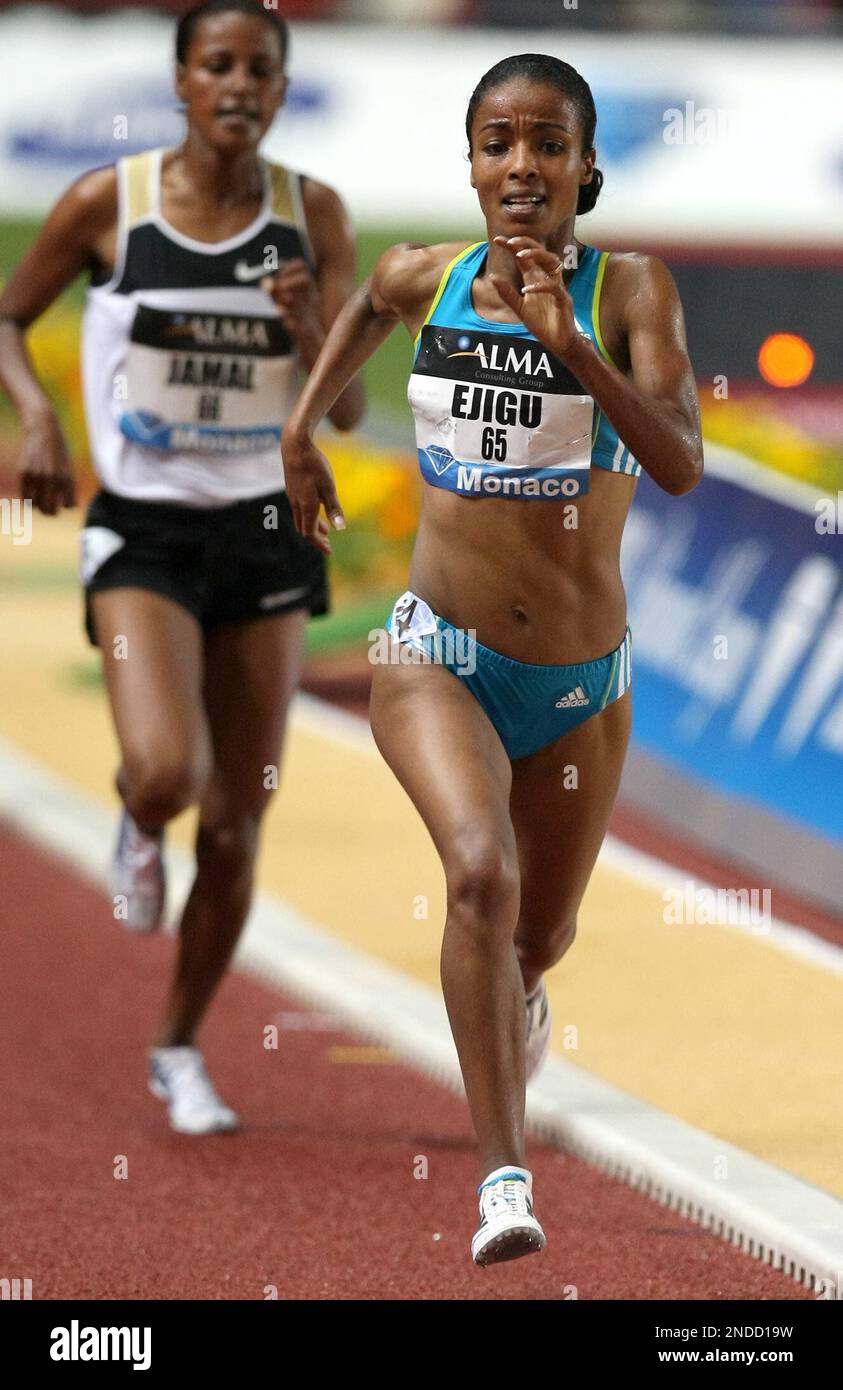 Sentayehu Ejigu of Ethiopia goes on to win the Women's 3000m at the Herculis International ...