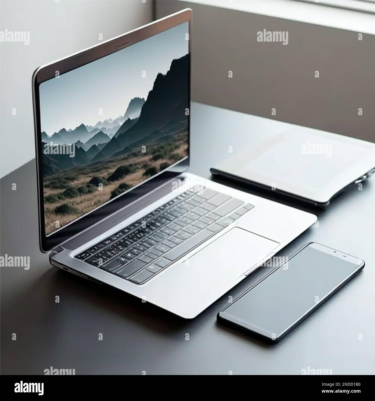 Laptop with blank screen on table. ps 10 Stock Photo - Alamy