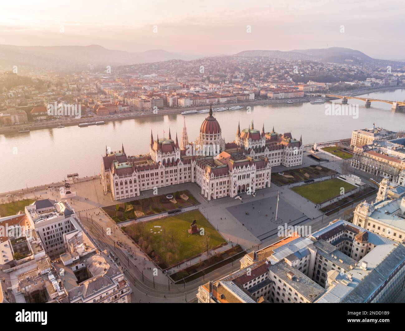 Aerial Shot of the Hungarian Parliament Building and the Danube River ...