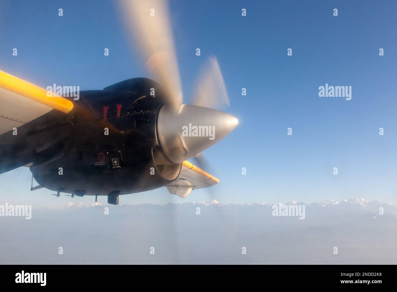 Rotating airplane propeller during the flight from Kathmandu to Lukla ...