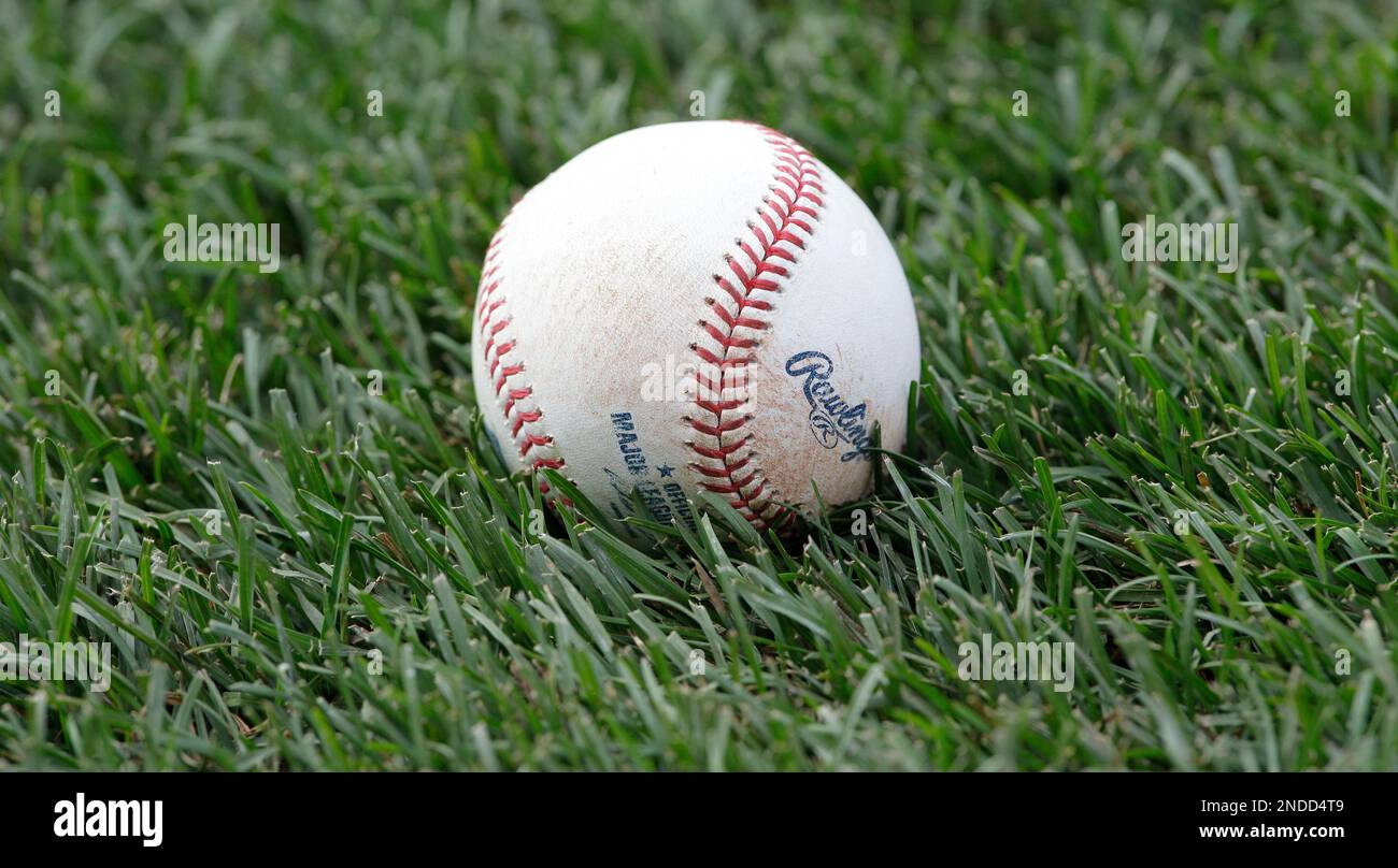 A Major League baseball on the green grass of the infield at Fenway ...