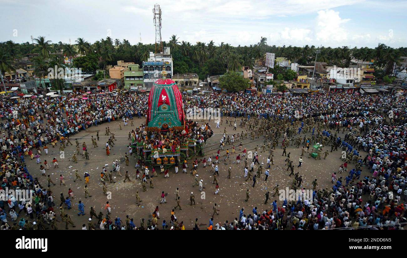 Hindu devotees pull a chariot of Hindu God Balabhadra on the last day ...