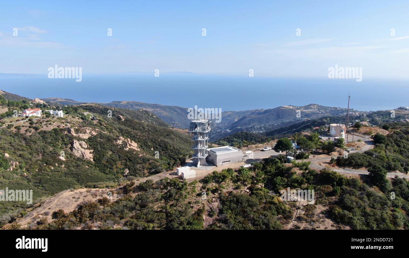 An aerial view of Topanga Microwave tower on a sunny day in Calabasas ...