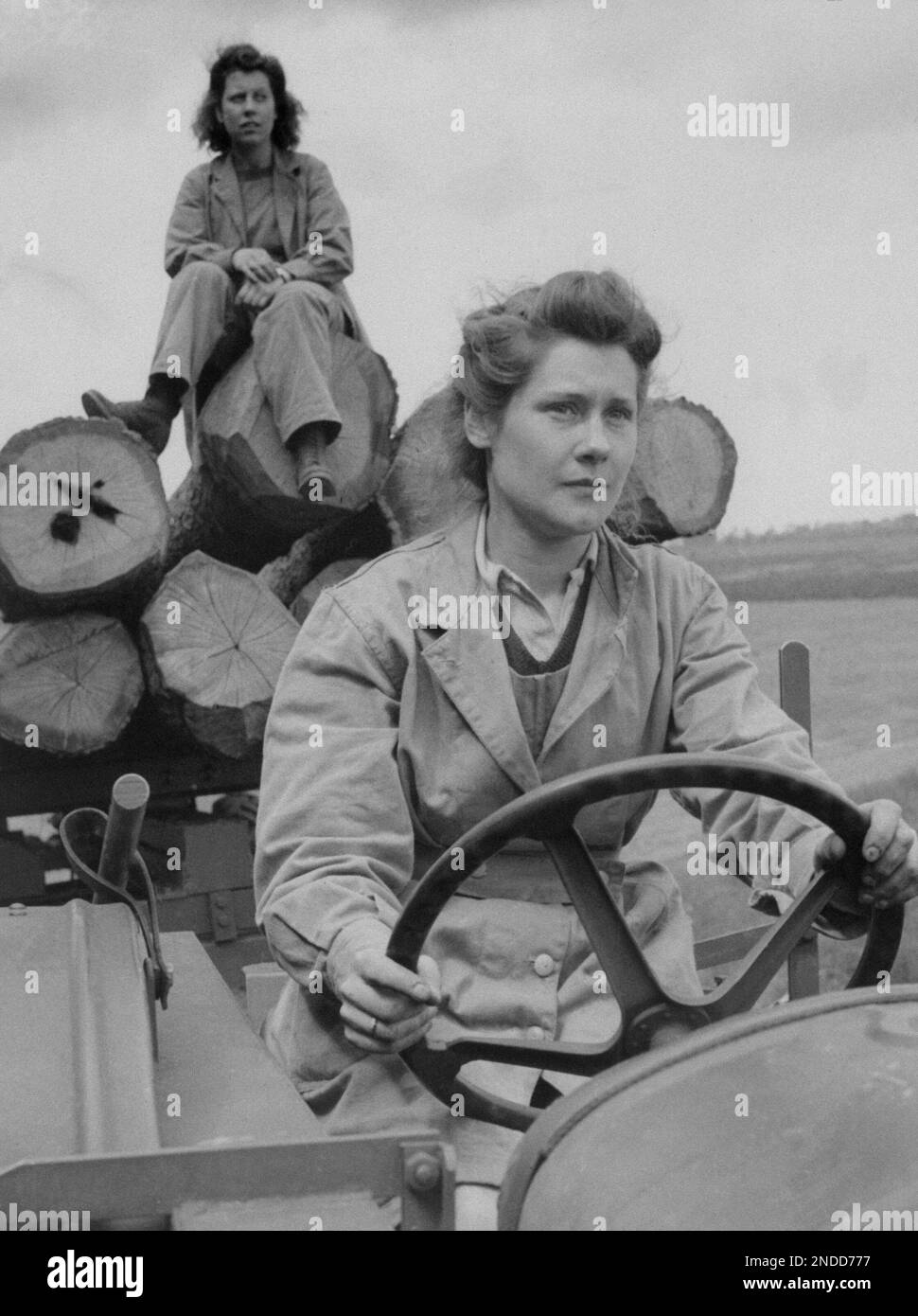 Two girls of the Womens Timber Corps bring in their work on a tractor ...