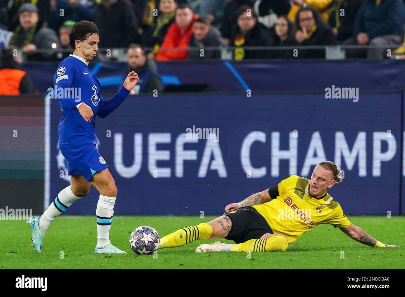 DORTMUND, GERMANY - FEBRUARY 15: Joao Felix of Chelsea, Marius Wolf of ...