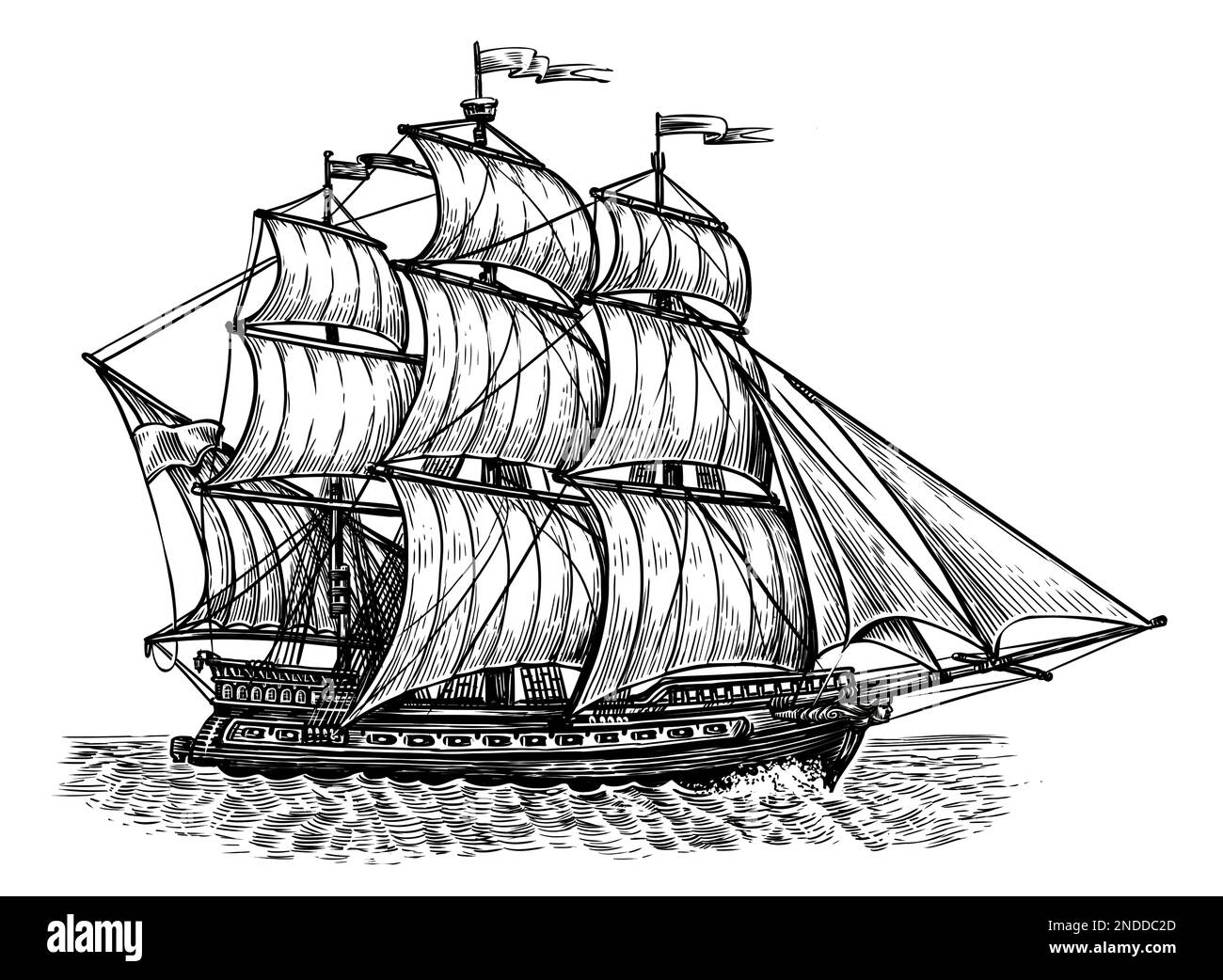 Retro ship sails on waves of sea. Sailboat sailing, side view. Vintage ...