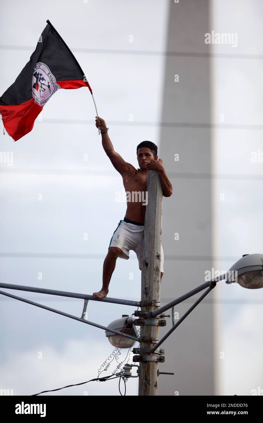 A supporter waves a Sandinist National Liberation Front, FSLN, flag ...